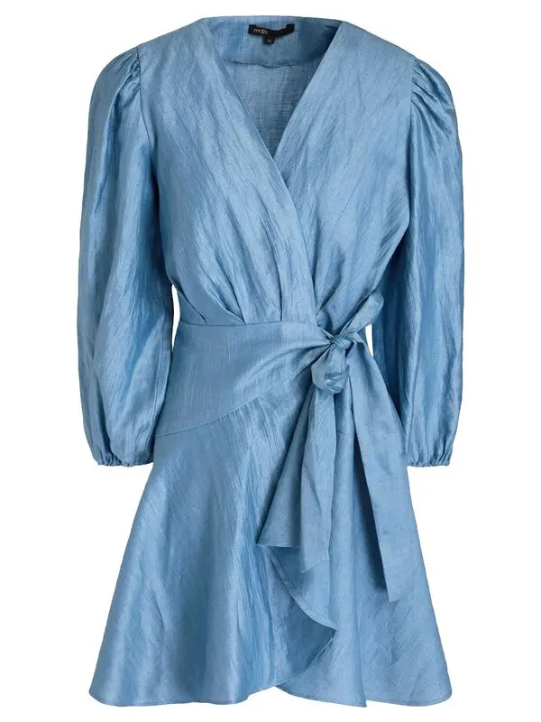 Maje Draped Linen-blend Mini Wrap Dress - Light Blue