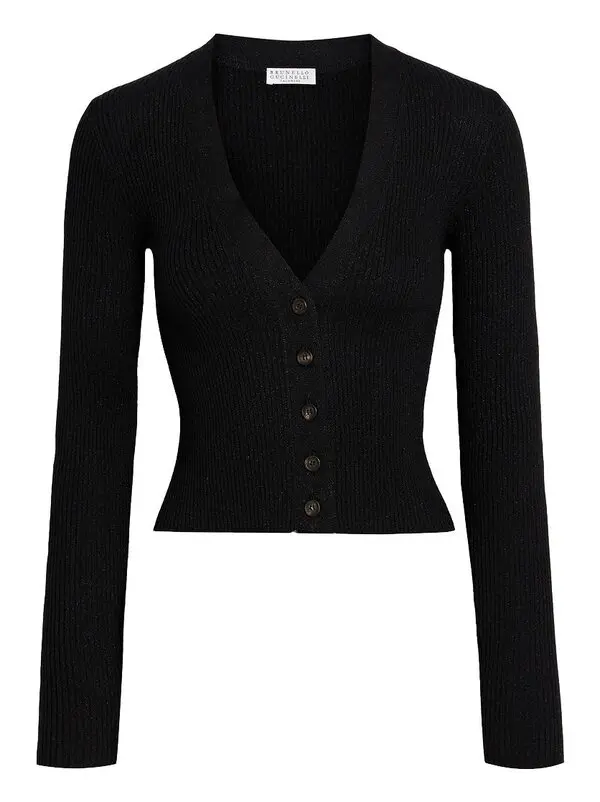 Brunello Cucinelli Ribbed Metallic Cashmere-blend Cardigan - Black
