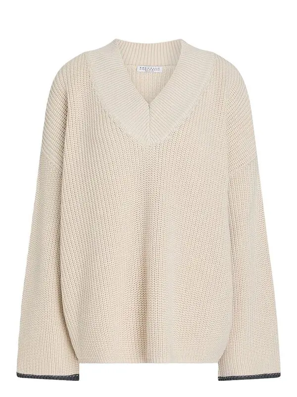 Brunello Cucinelli Bead-embellished Cotton Sweater - Beige
