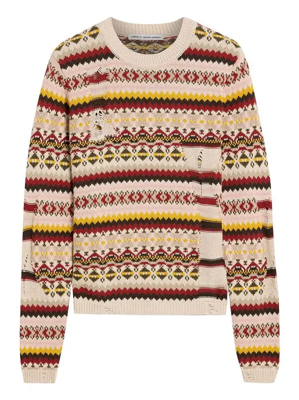 Autumn Cashmere Fair Isle Distressed Intarsia Cotton Sweater - Beige
