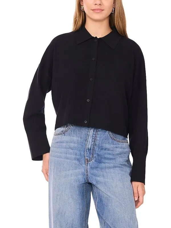 1.State Collared Button-down Cropped Sweater - Rich Black