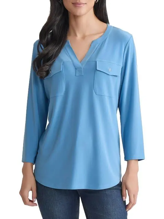 Jones New York Patch Pocket Crepe Popover Top - Blue Lagoon