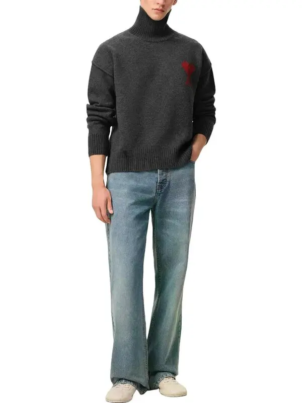 AMI Paris Funell Neck Wool Sweater With De Coeur - Grey