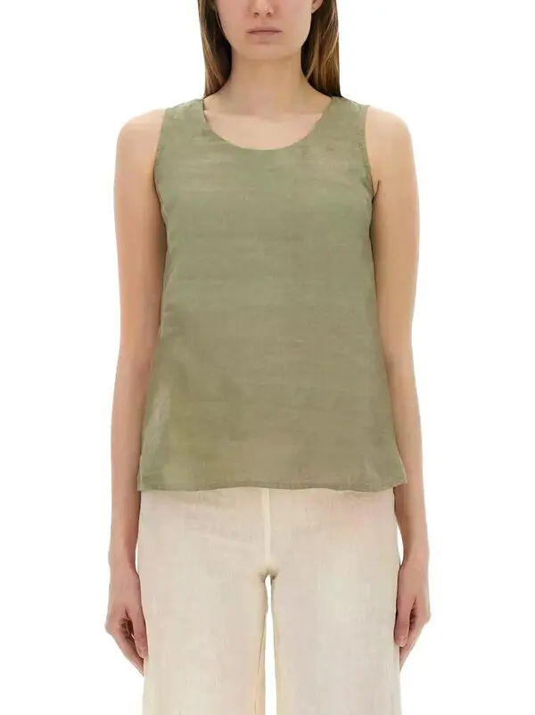 120% Lino Round-neck Linen Top - Green