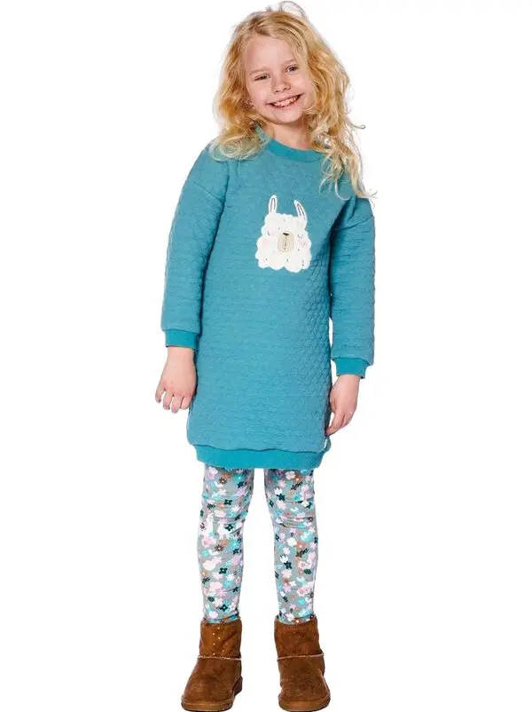 DEUX PAR DEUX Quilted Tunic Dress With Llama Applique - Turquoise Blue