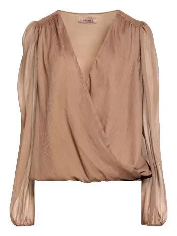 TWINSET Georgette Wrap Effect Long Sleeve Top - Camel
