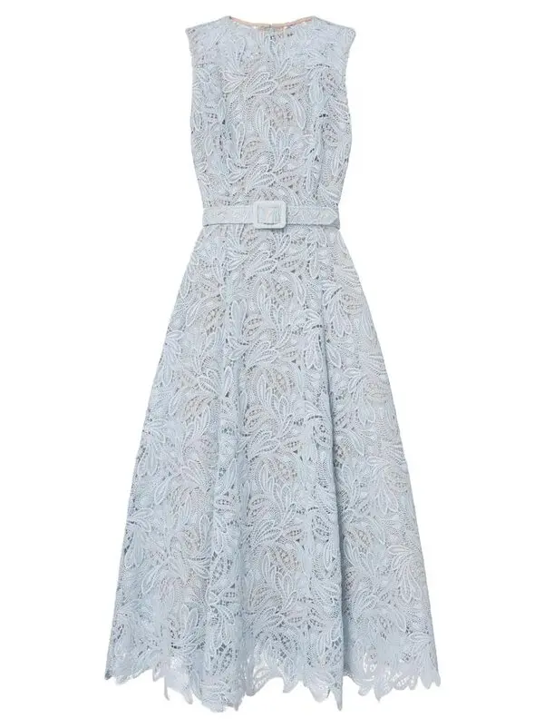 Oscar De La Renta Belted Floral Lace Midi Dress - Blue