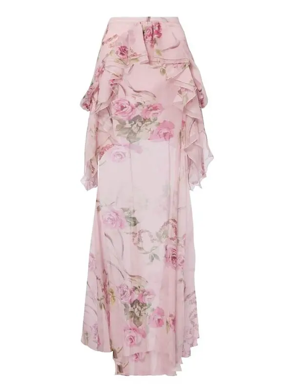 Blumarine Floral Silk Creponne Maxi Skirt - Pink