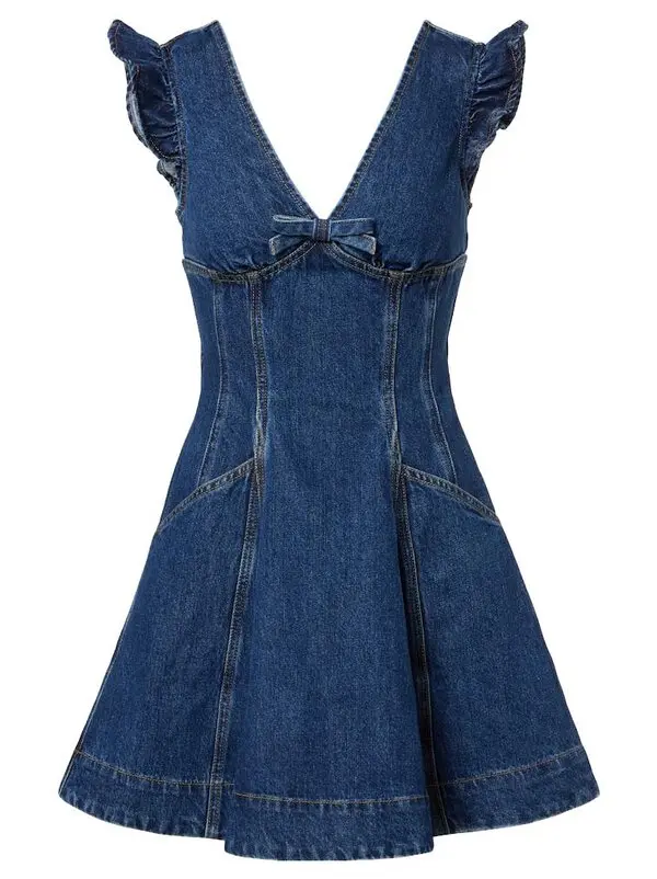 SELF-PORTRAIT Bow-detail Ruffled Denim Mini Dress - Blue
