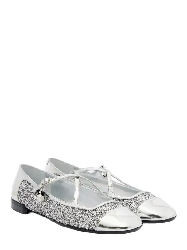 JIMMY CHOO Eleri Glitter Leather Ballet Flats - Silver