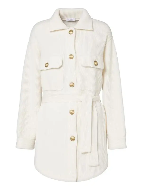 Brunello Cucinelli Belted Wool, Cashmere, And Silk Cardigan - White