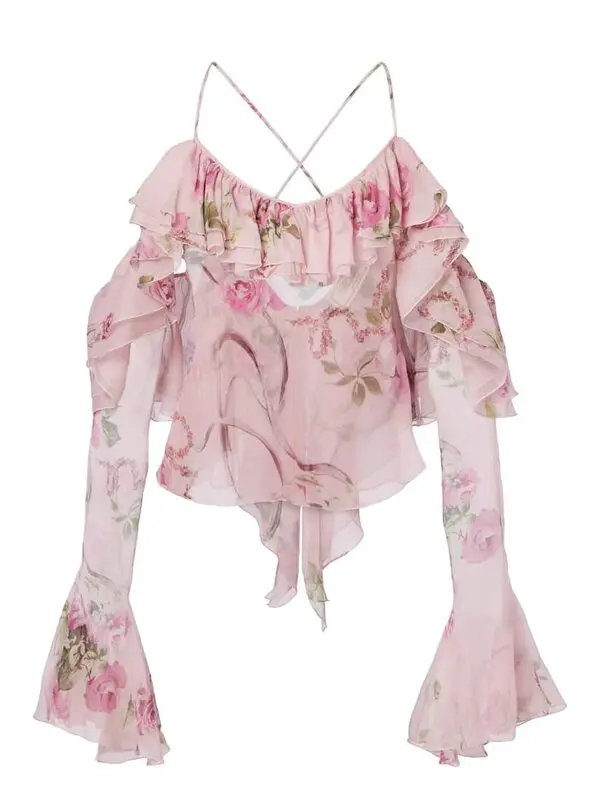 Blumarine Ruffle-trimmed Floral Silk Top - Pink