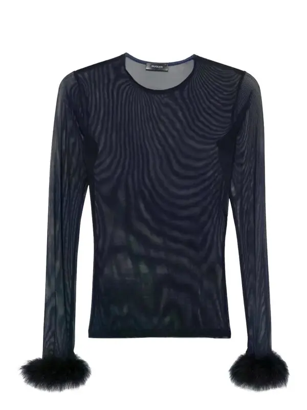 MUGLER Mesh Feather-cuff Top - Blue