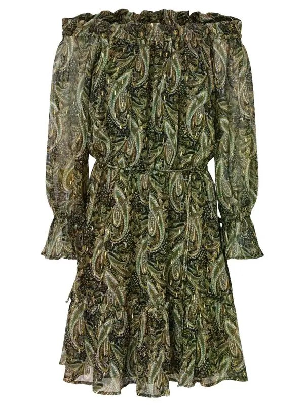 Pinko Paisley Off-shoulder Midi Dress - Green