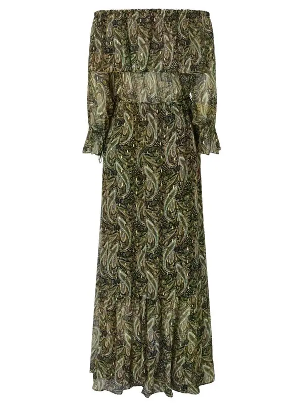 Pinko Paisley-print Off-shoulder Maxi Dress - Green