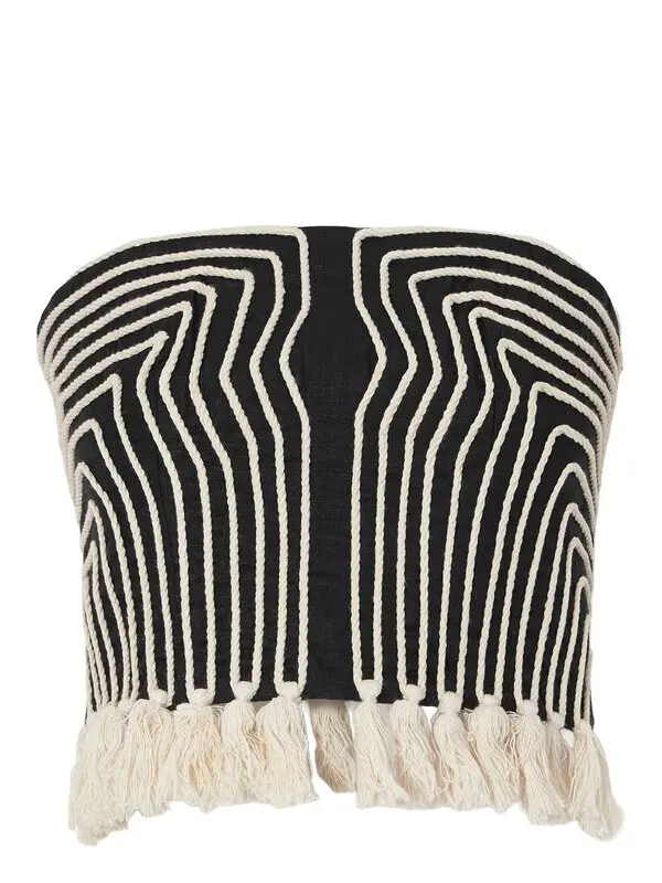 ANDRES OTALORA Escuchas Cropped Strapless Tasseled Embroidered Linen Top - Black