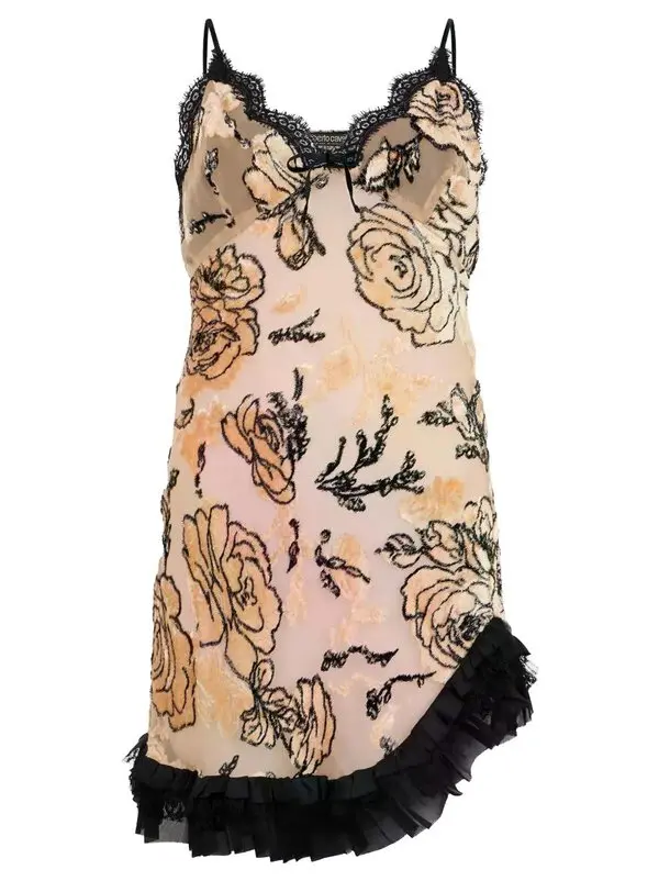 Roberto Cavalli Rose-print Ruffled Dress - Neutrals