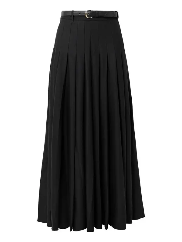 SELF-PORTRAIT Belted Pleated Twill Maxi Skirt - Black