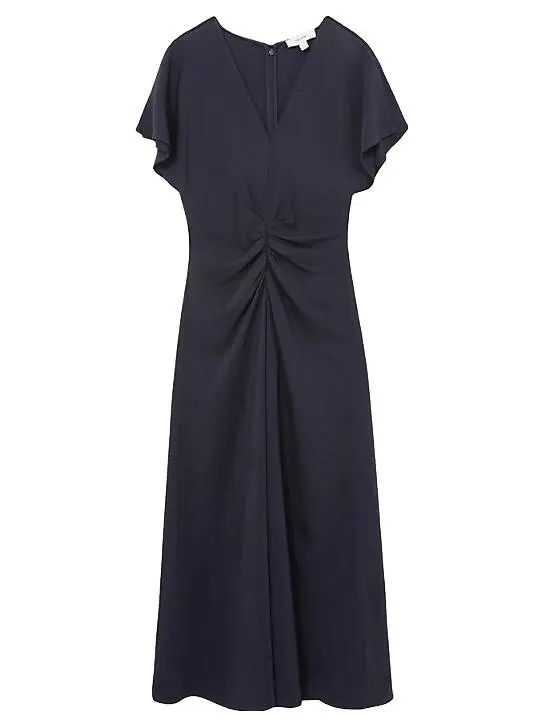REISS Ruched-front Stretch-woven Midi Dress - Navy