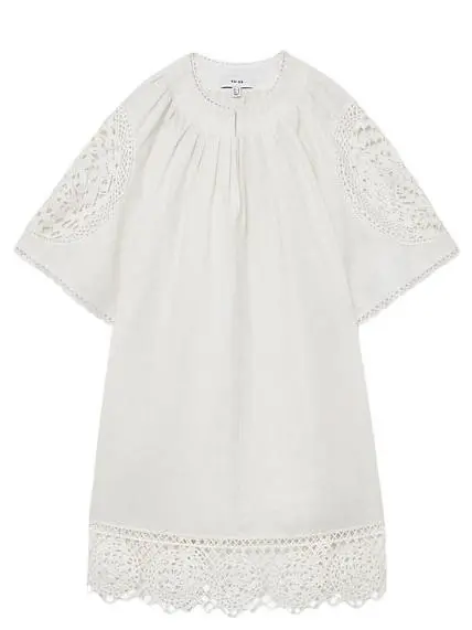 REISS Linen Broderie Anglaise Mini Dress - Ivory