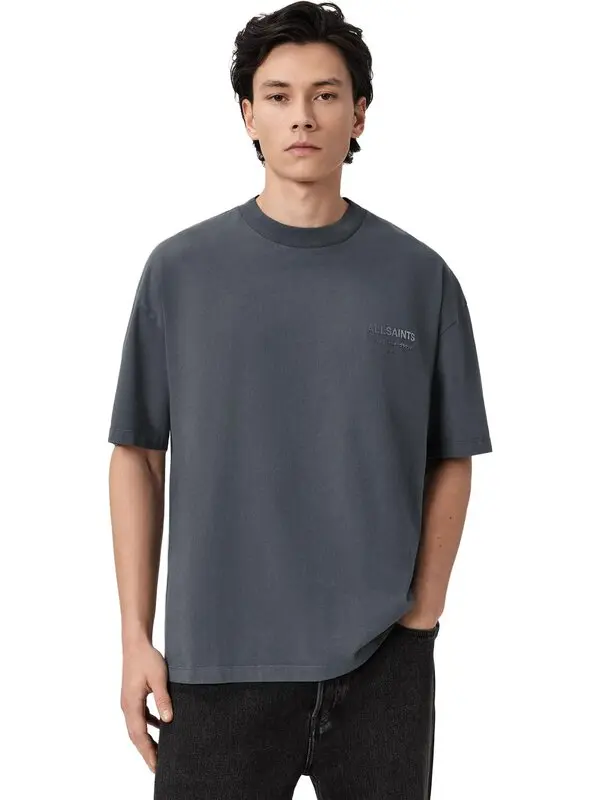 ALLSAINTS Xander Flocked Logo Oversized T-shirt - Dark Steel Blue
