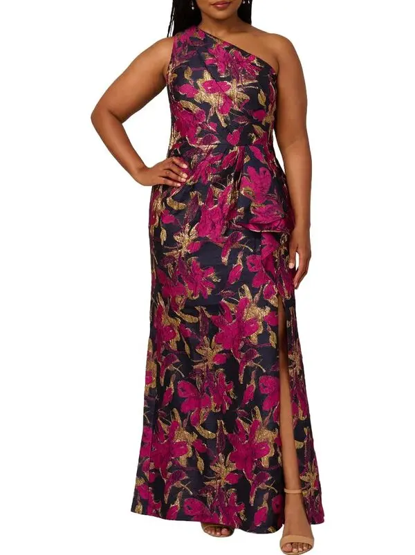 Adrianna Papell Floral Jacquard One-shoulder Mermaid Gown - Navy/pink