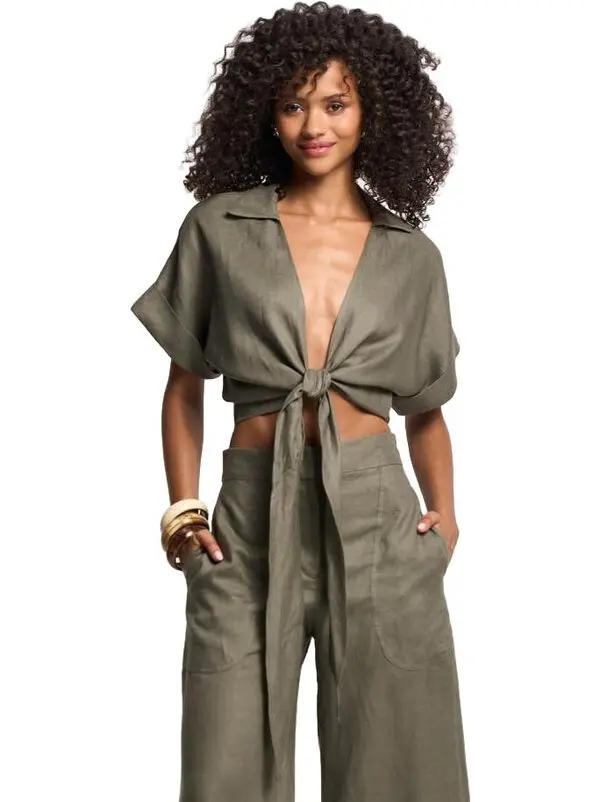 JBQ Chiara Cropped Linen Top With Exaggerated Collar And Cuffed Sleeves - Moss