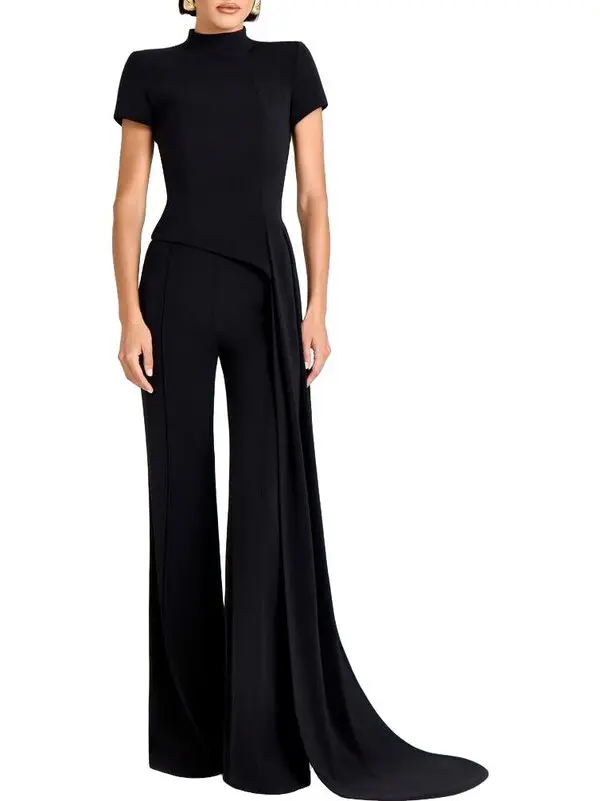 NADINE MERABI Pleated Drape Mock Neck Top - Black
