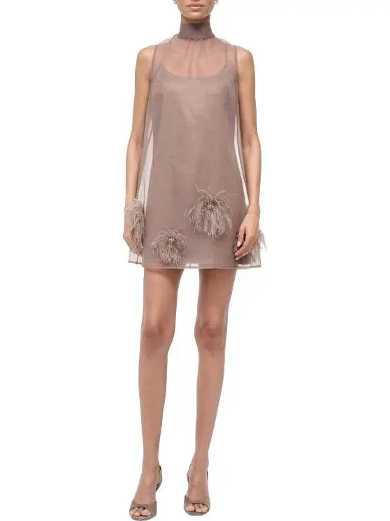 Staud Albee Feather Puff Mini Dress - Truffle