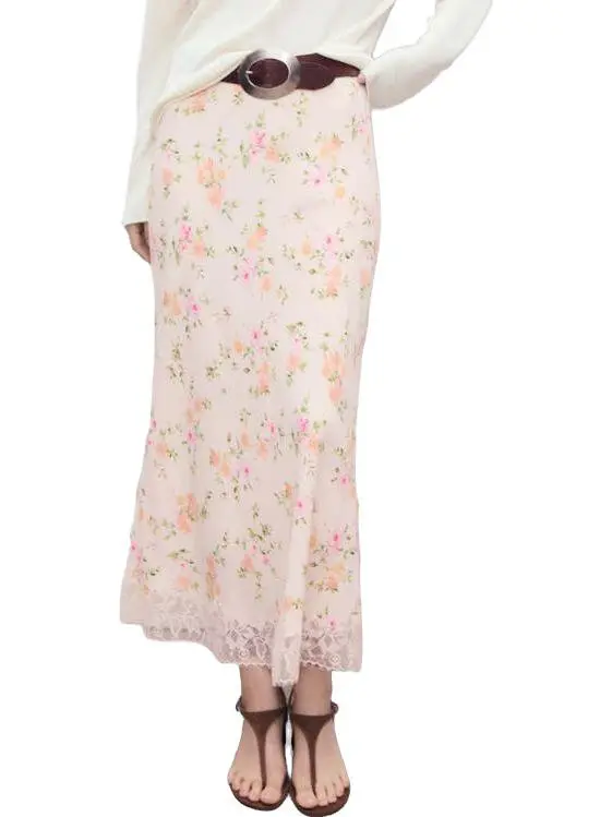 Mango Floral Lace-trim A-line Midi Skirt - Pastel Pink