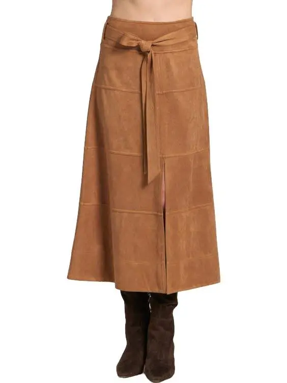 APNY Faux Suede Paneled A-line Midi Skirt - Caramel