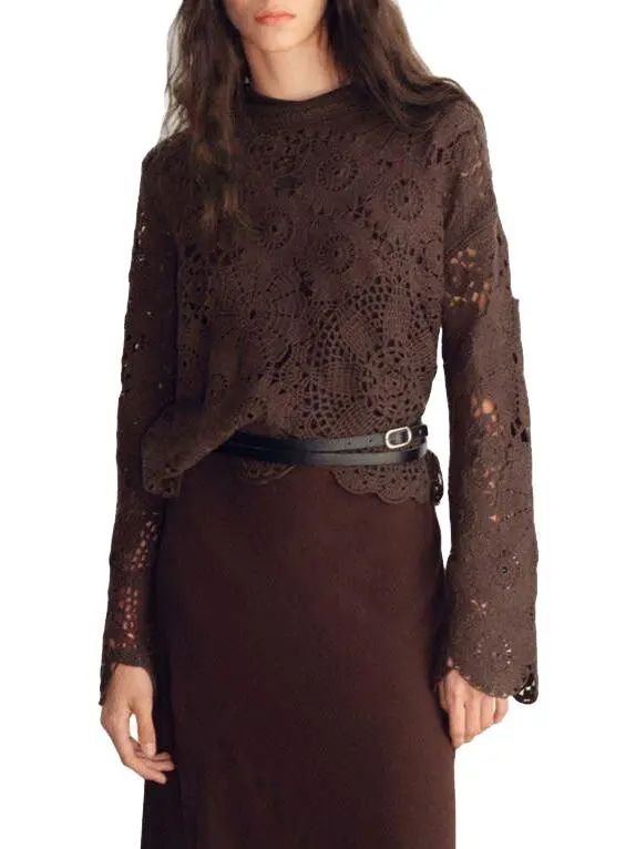 Mango Floral Crochet Sweater - Chocolate