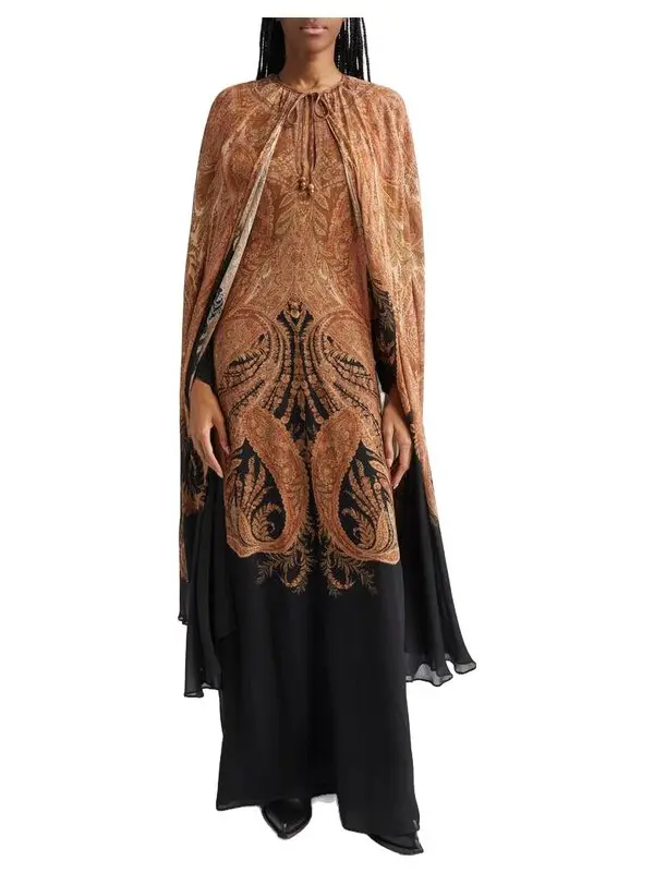 Zimmermann Hypnotic Paisley Long Sleeve Dress With Cape - Light Brown/black Paisley