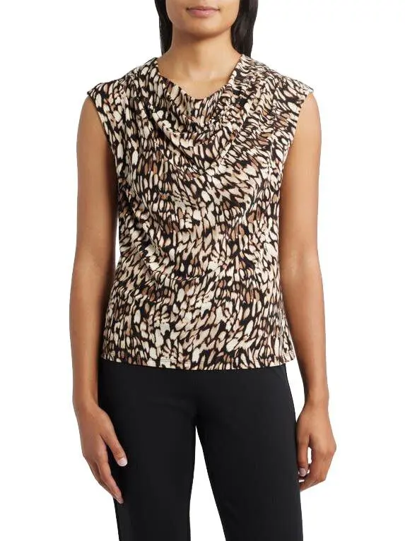 Anne Klein Pleated Cowl Neck Top - Light Coffee Multi