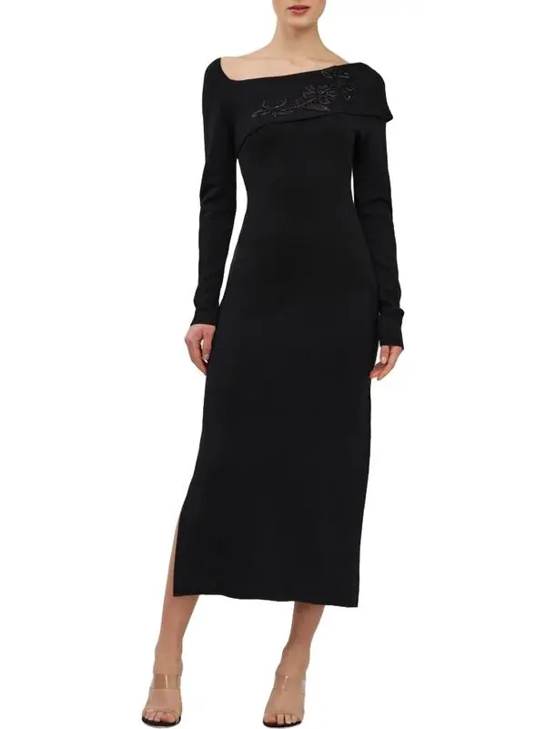 KAY UNGER Imani Beaded Long Sleeve Midi Dress - Black