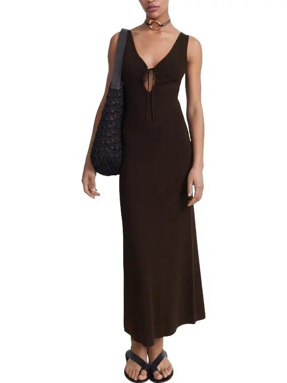 Mango Tie Neck Sleeveless Maxi Dress - Chocolate