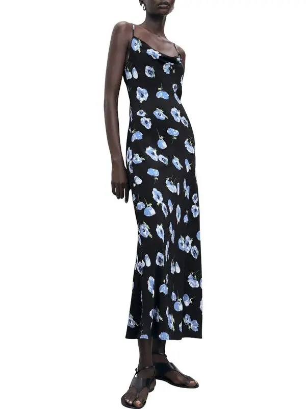 Mango Printed Cowl Neck Slip Dress - Black
