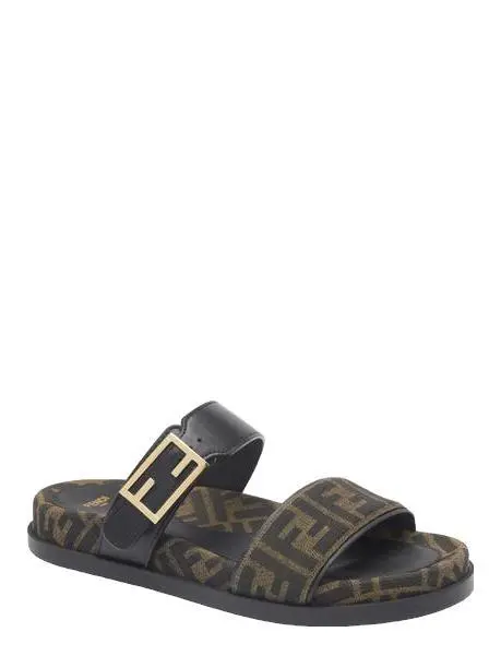 Fendi Ff Double Band Slide Sandal - Tabacco Nero/nero