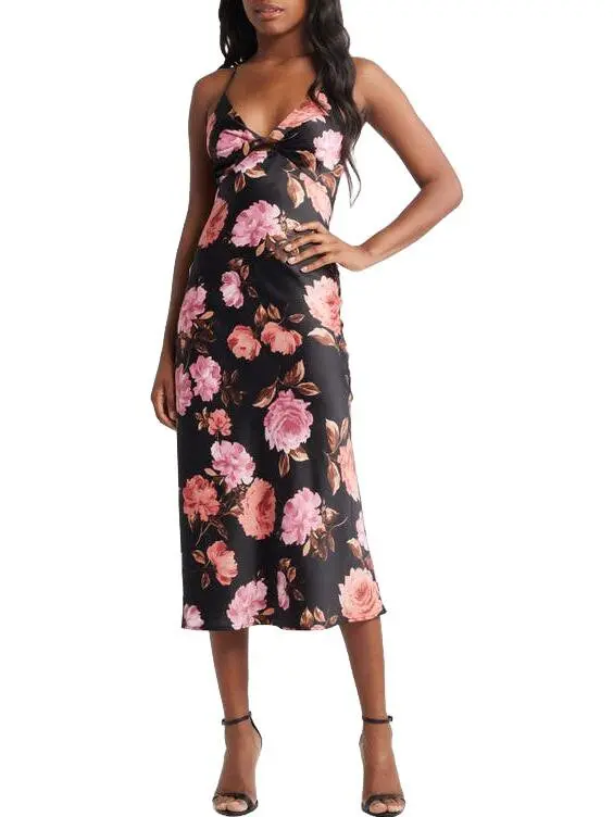 EMERALD SUNDAE Floral Print Sleeveless Satin Cocktail Dress - Black/pink
