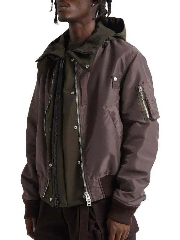 Sacai Hooded Mixed Media Jacket - Brown/khaki