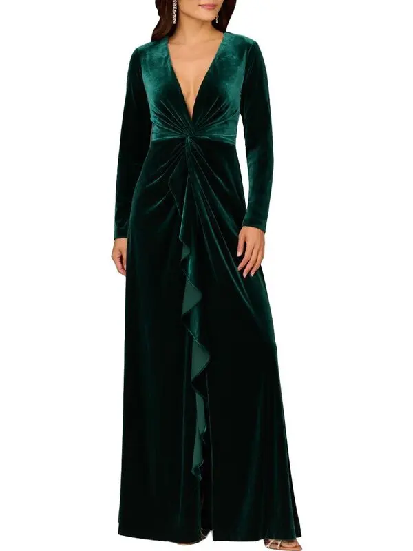 Adrianna Papell Twisted Ruffle Velvet Gown - Spruce