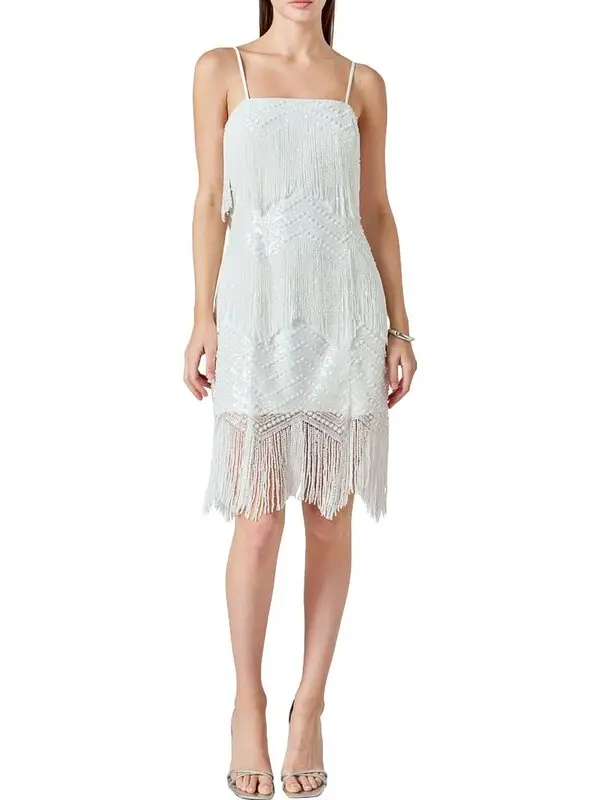 Endless Rose Beaded Fringe Sleeveless Dress - White