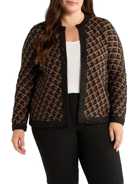 Anne Klein Texture Plaid Beaded Cardigan - Anne Black/vicuna