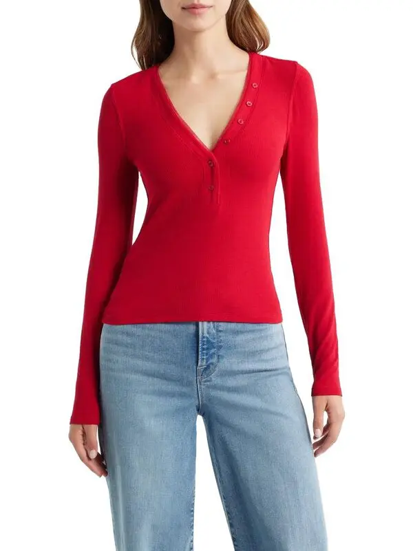 FRAME The Mesh Trim Rib Henley - Bright Raspberry