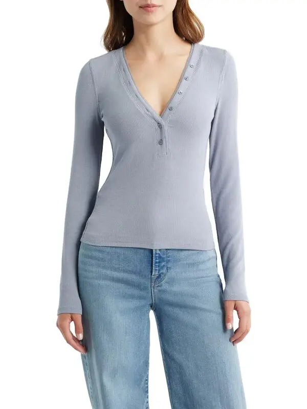 FRAME The Mesh Trim Rib Henley - Grey Blue