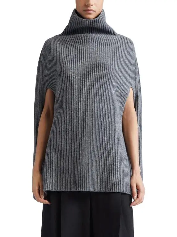 JIL SANDER Funnel Neck Wool Ribbed Cape - Koala