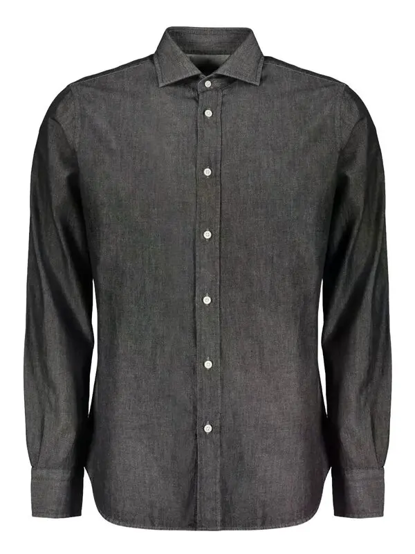 MOORER Rounded-hem Denim Shirt - Black