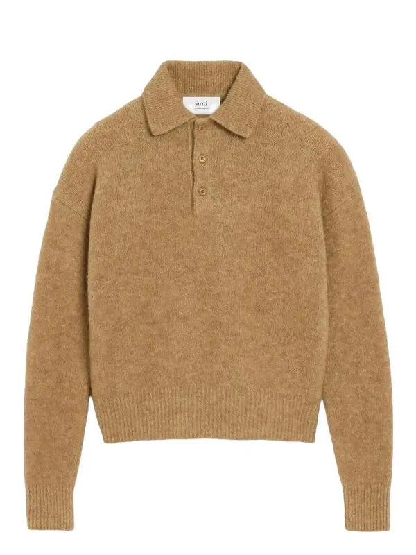 Ami Long Sleeve Button-down Sweater - Beige