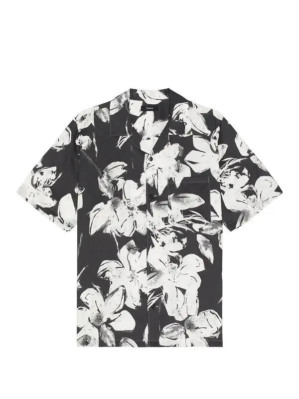 Theory Noll Brush Floral Shirt In Black - Carbon & Ivory