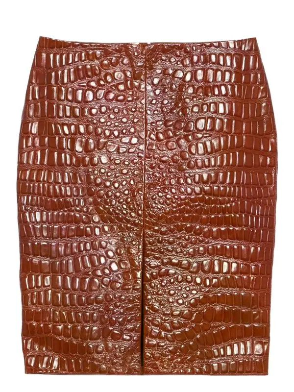 Saint Laurent Embossed Leather Straight Skirt - Brown